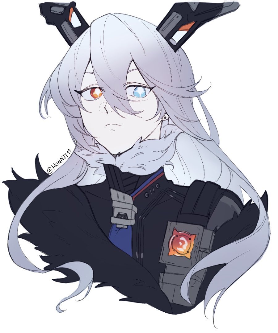 Safebooru - 1girl black coat black horns blue eyes closed mouth coat commentary commentary ...