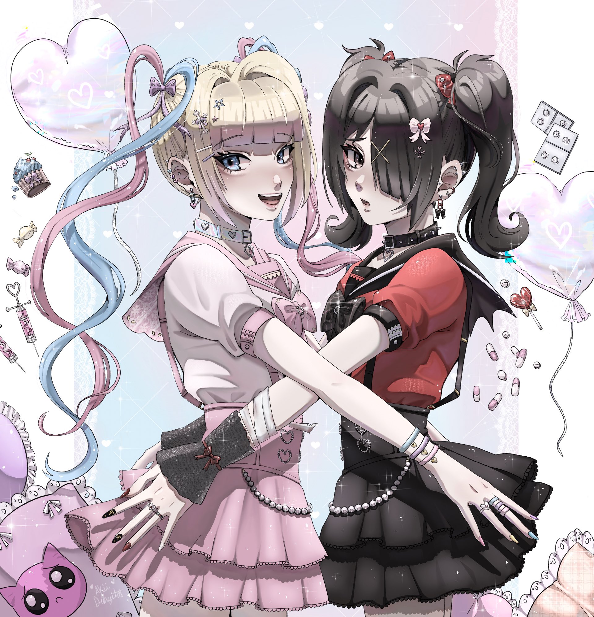 Safebooru - 2girls akiidibujitos ame-chan (needy girl overdose) balloon black bow black hair ...
