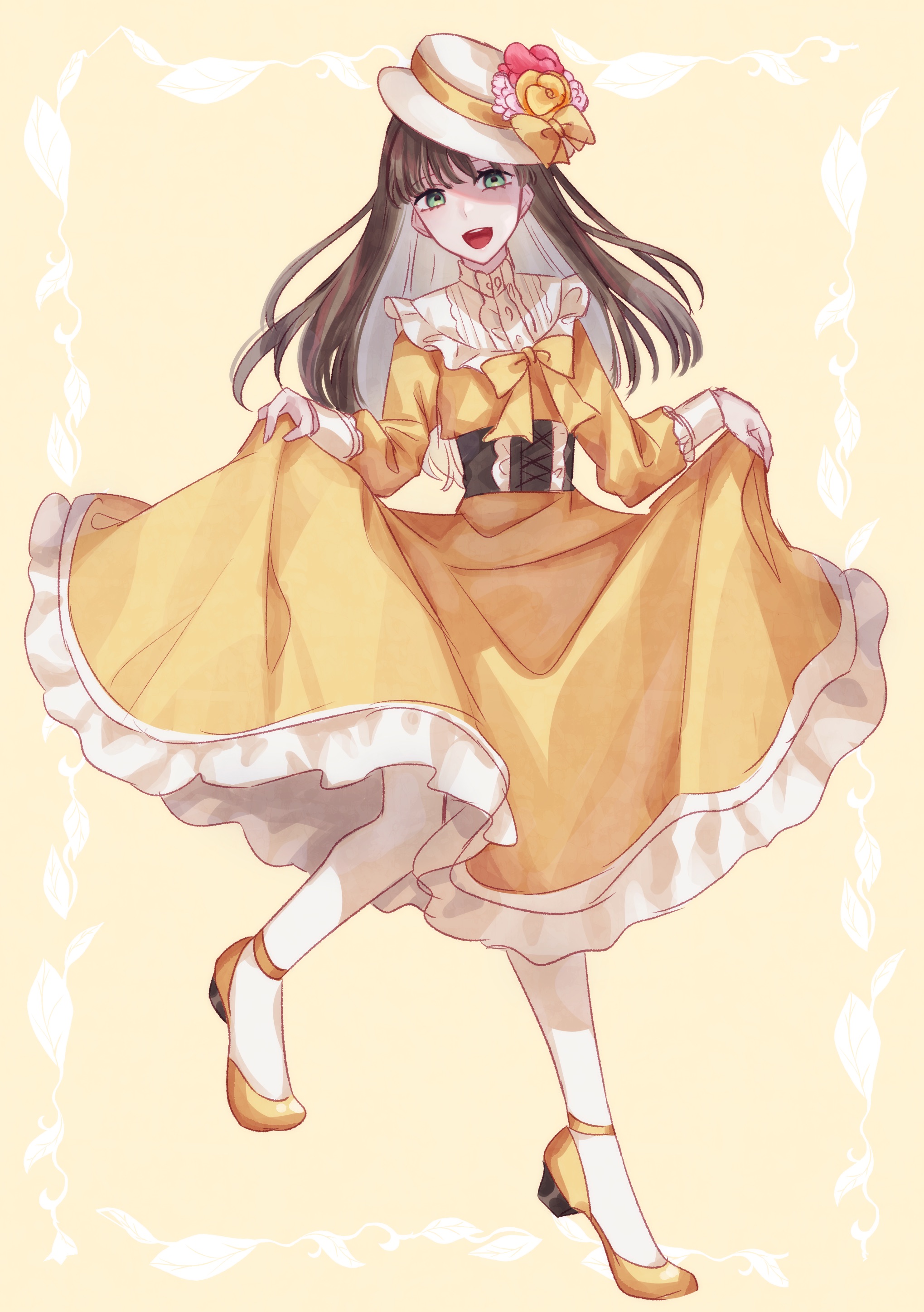 Safebooru - 1girl absurdres akikawa higurashi ankle strap bow brown hair clothes lift corset ...