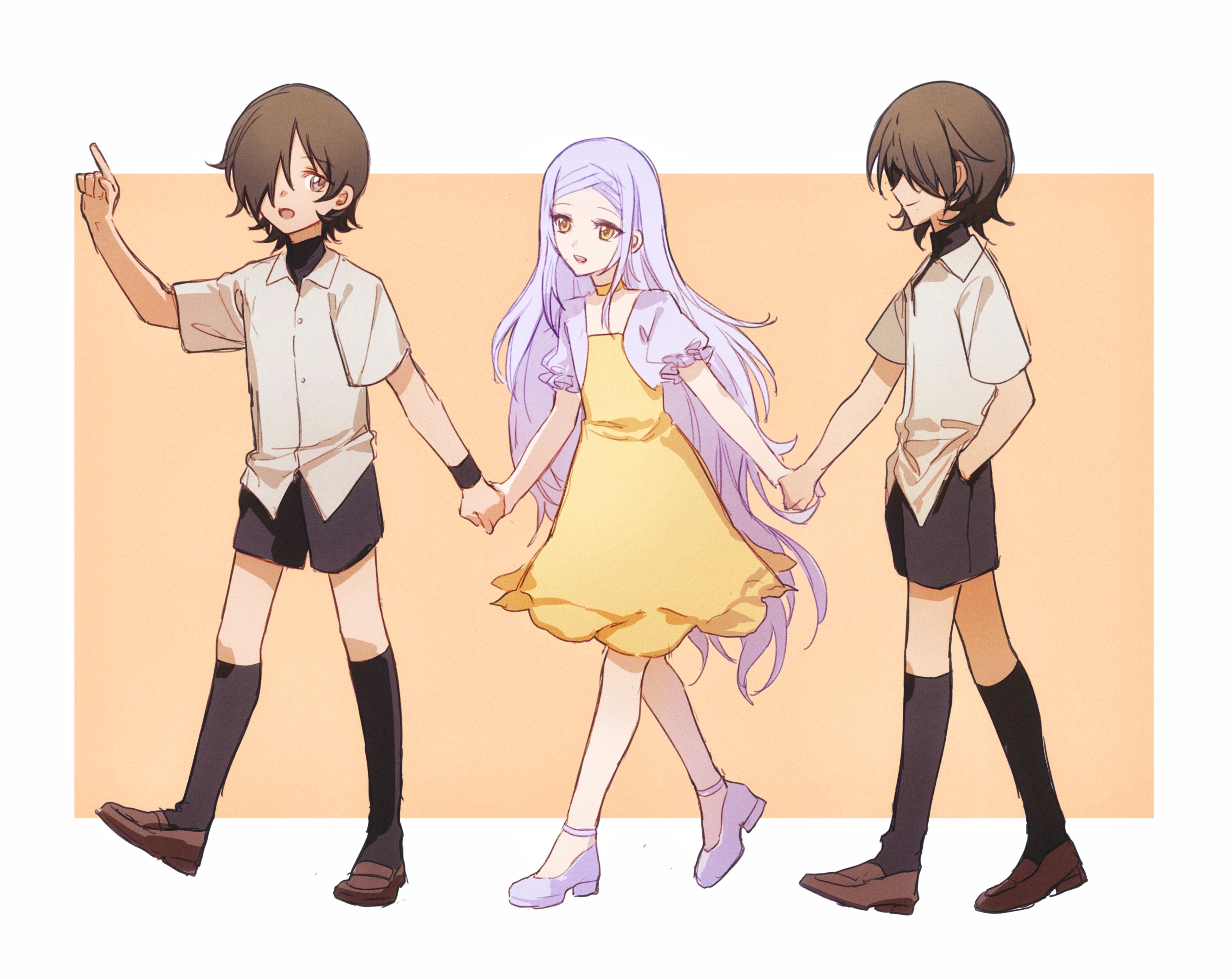 Safebooru - 1girl 2boys absurdres aged down black shirt black shorts black socks brown eyes ...