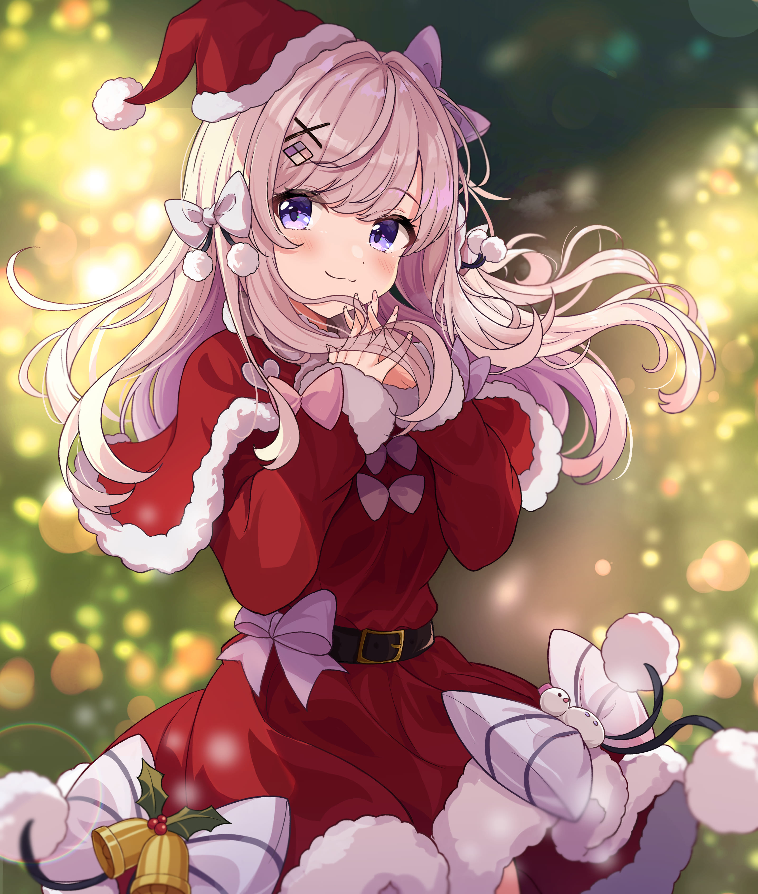 Safebooru - 1girl :3 absurdres bell belt black belt blurry blurry background blush bow capelet ...