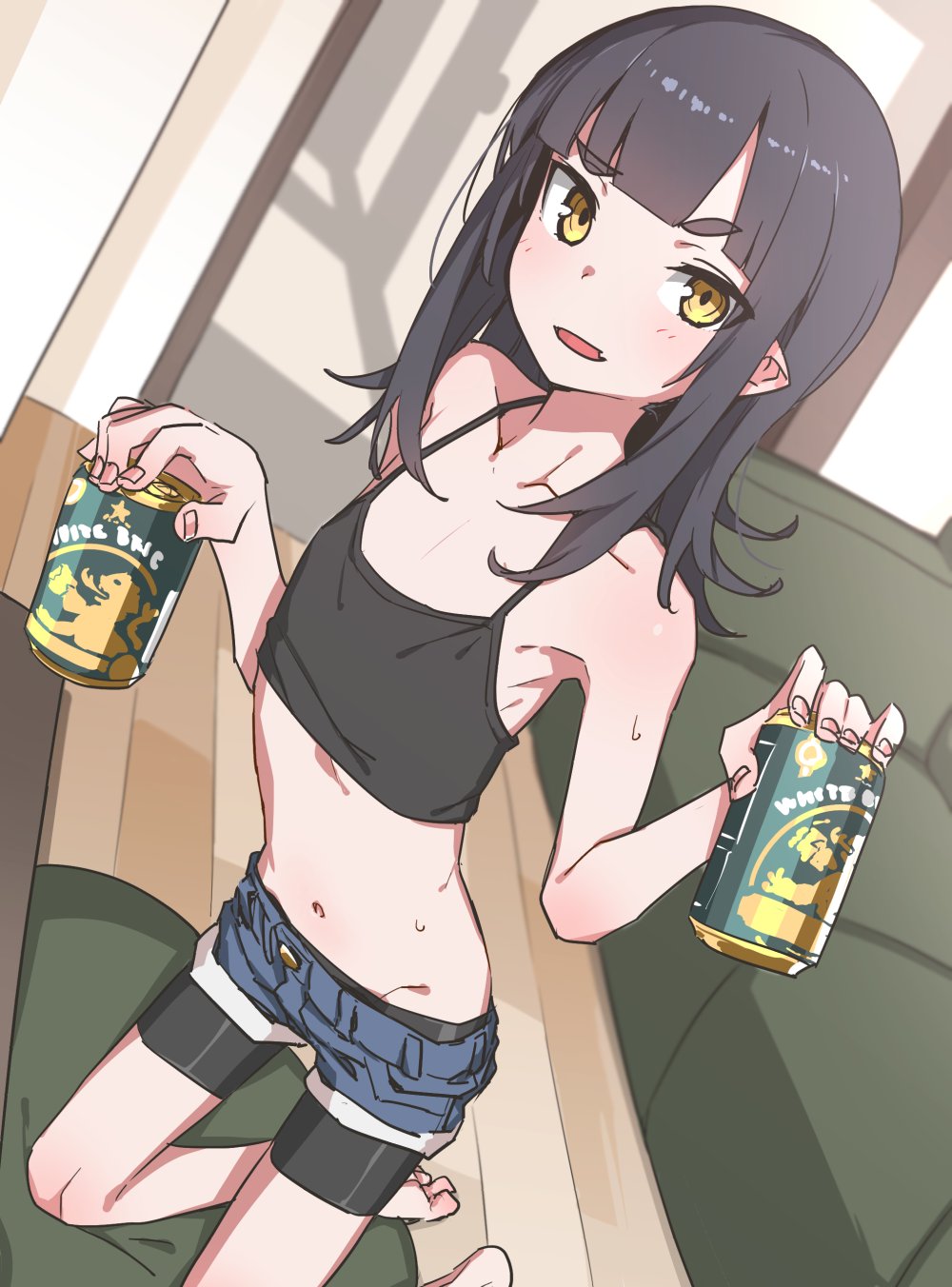 Safebooru - akari (raigou) beer can bike shorts bike shorts under shorts black hair black shorts ...