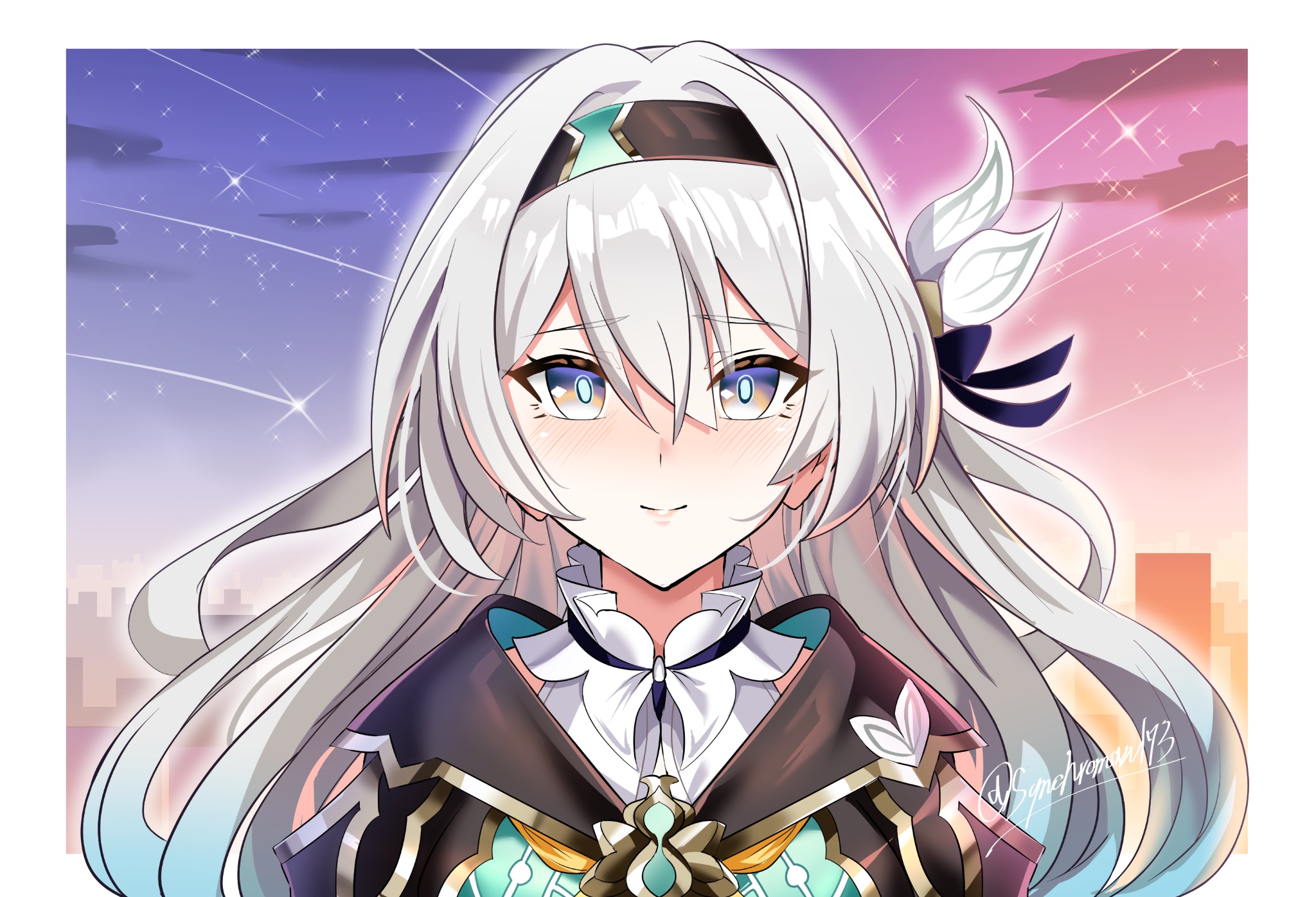 Safebooru - 1girl black hairband black jacket blue background blue eyes blush border cityscape ...