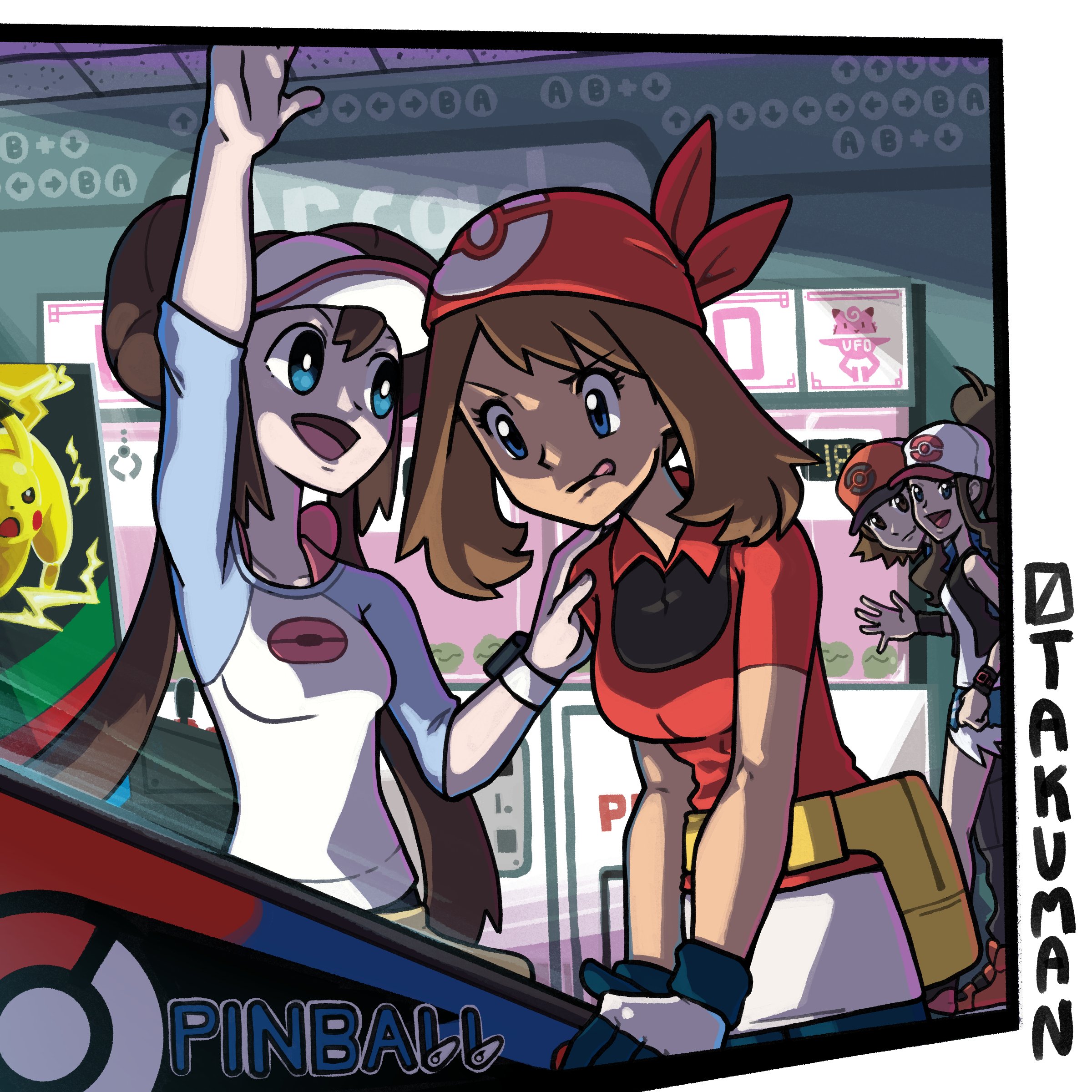 Safebooru - 1boy 3girls absurdres arcade bandana baseball cap bike shorts under skirt black ...