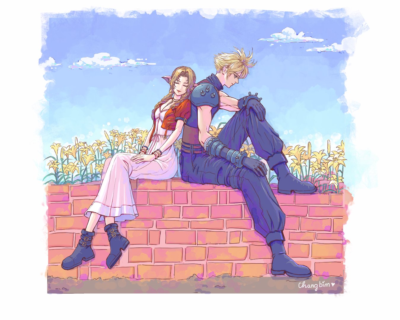 Safebooru - 1boy 1girl aerith gainsborough armor artist name baggy pants bangle belt black ...