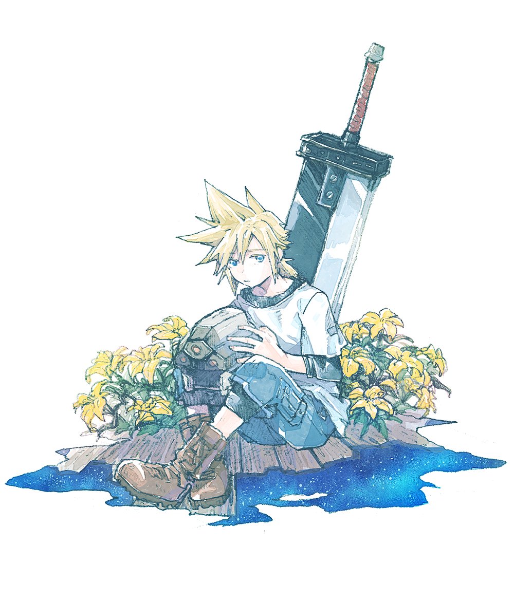 Safebooru - 1boy aged down black shirt blonde hair blue eyes blue shorts boots brown footwear ...