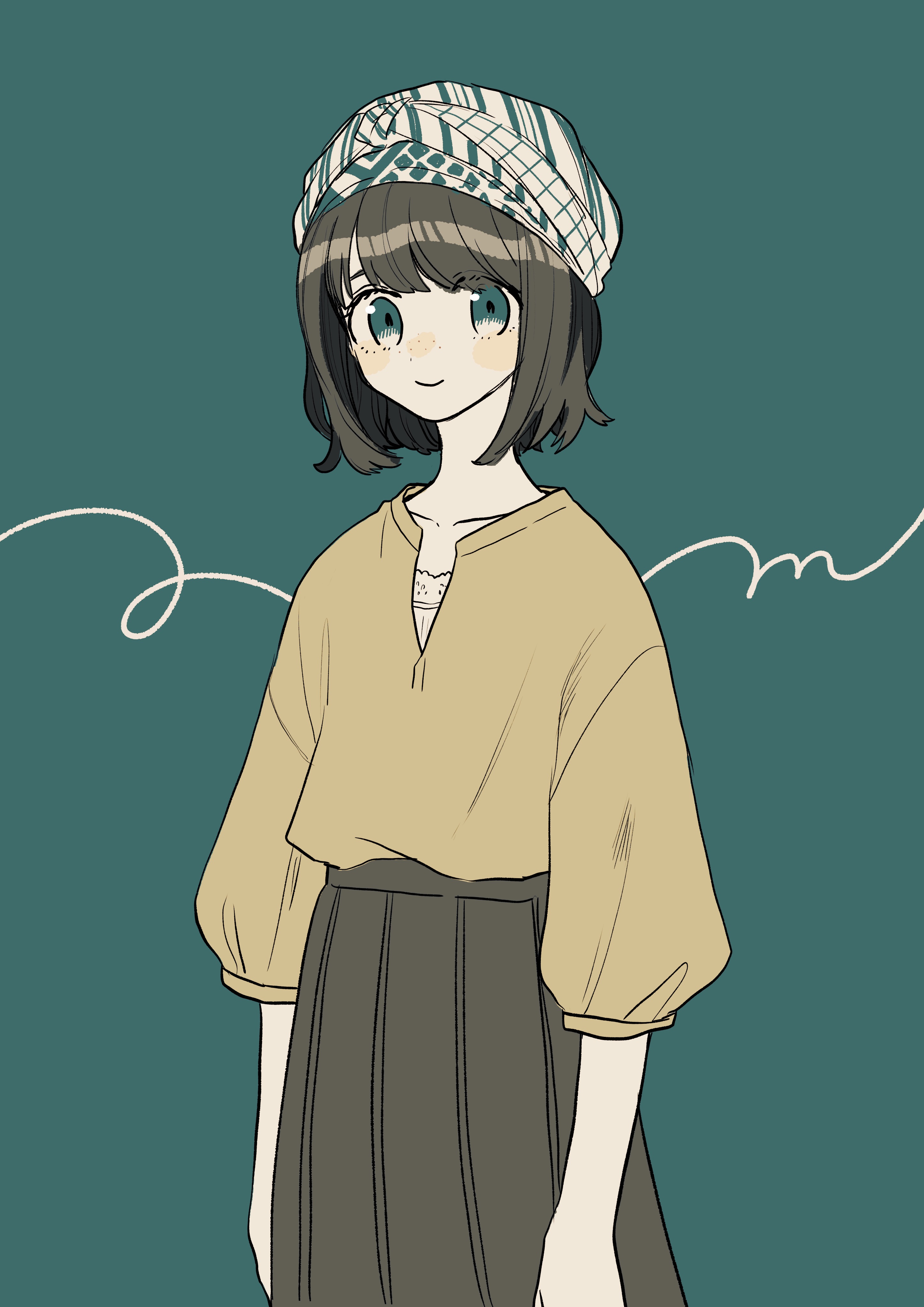 Safebooru - 1girl absurdres aqua background aqua eyes beanie blue eyes blush brown hair brown ...