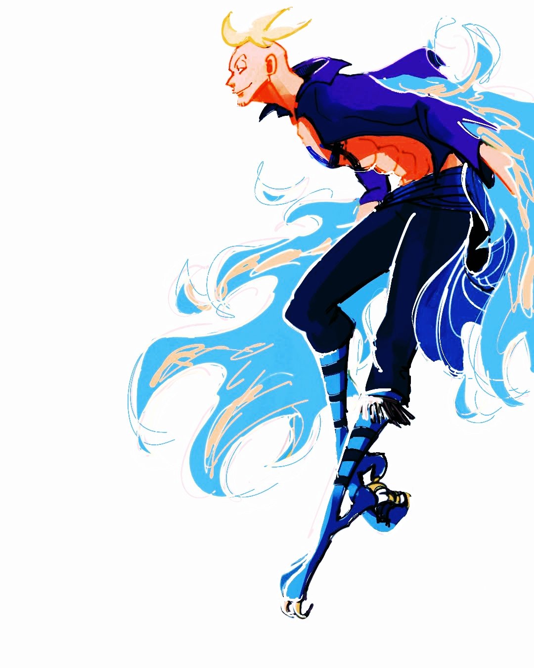 Safebooru - 1boy bird legs blonde hair blue fire blue sash blue shirt chest tattoo claws devil ...