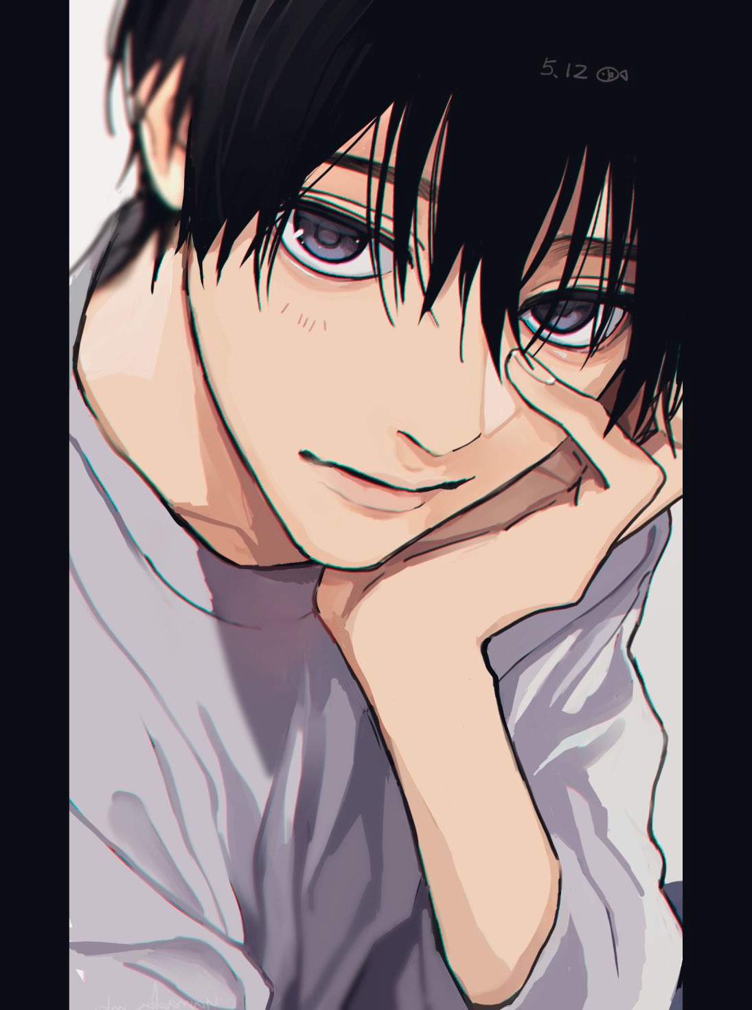 Safebooru - 1boy black eyes black hair blurry close-up closed mouth ...