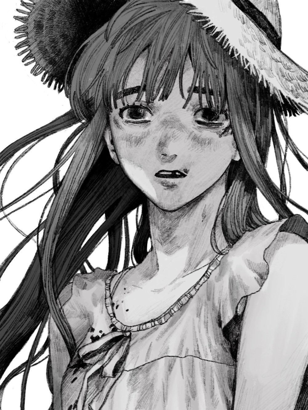 Safebooru - 1girl blood blood on clothes greyscale hat highres long ...