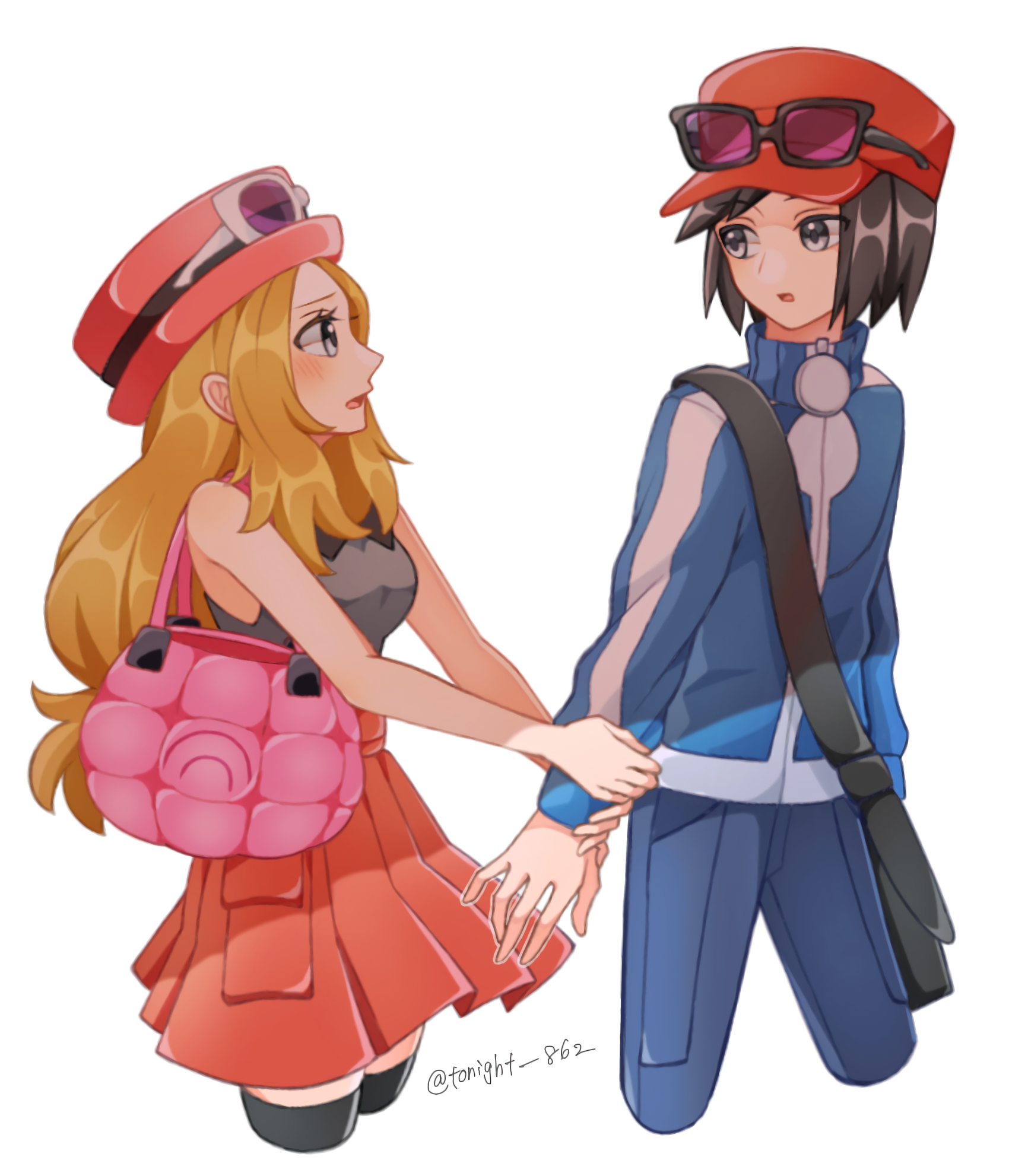 Safebooru - 1boy 1girl arm grab bag bare arms bare shoulders black-framed eyewear black bag ...