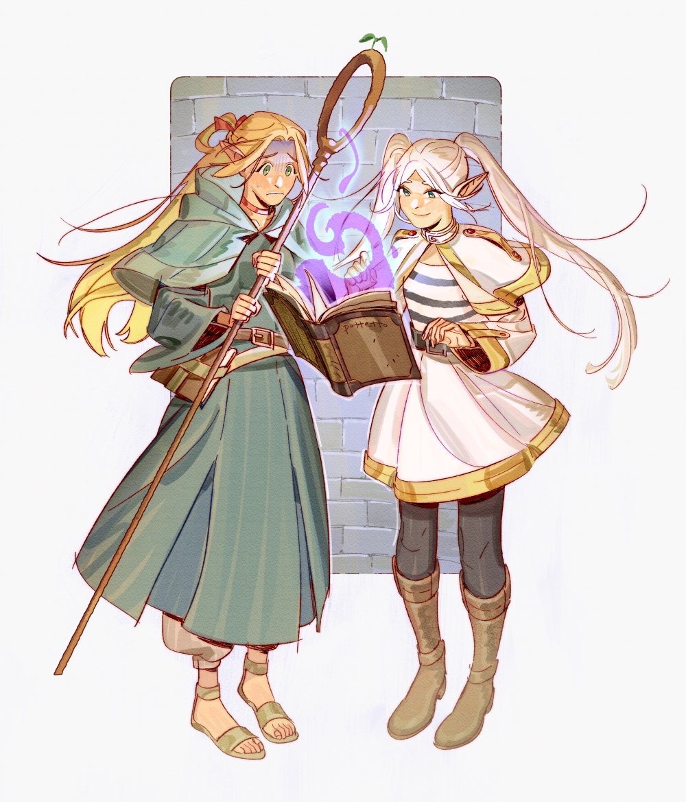 Safebooru - 2girls belt belt pouch black pantyhose blonde hair blue eyes book boots capelet ...