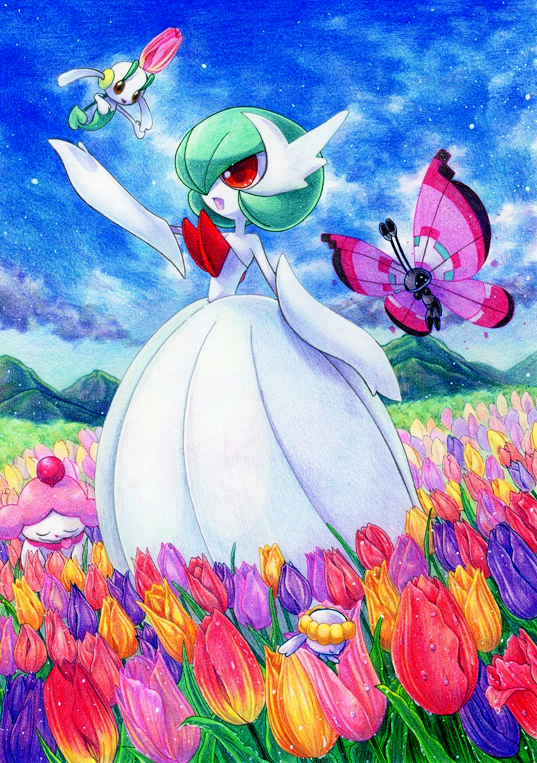 Safebooru - arm up blue sky bob cut colored skin dress field flabebe floette flower flower field ...