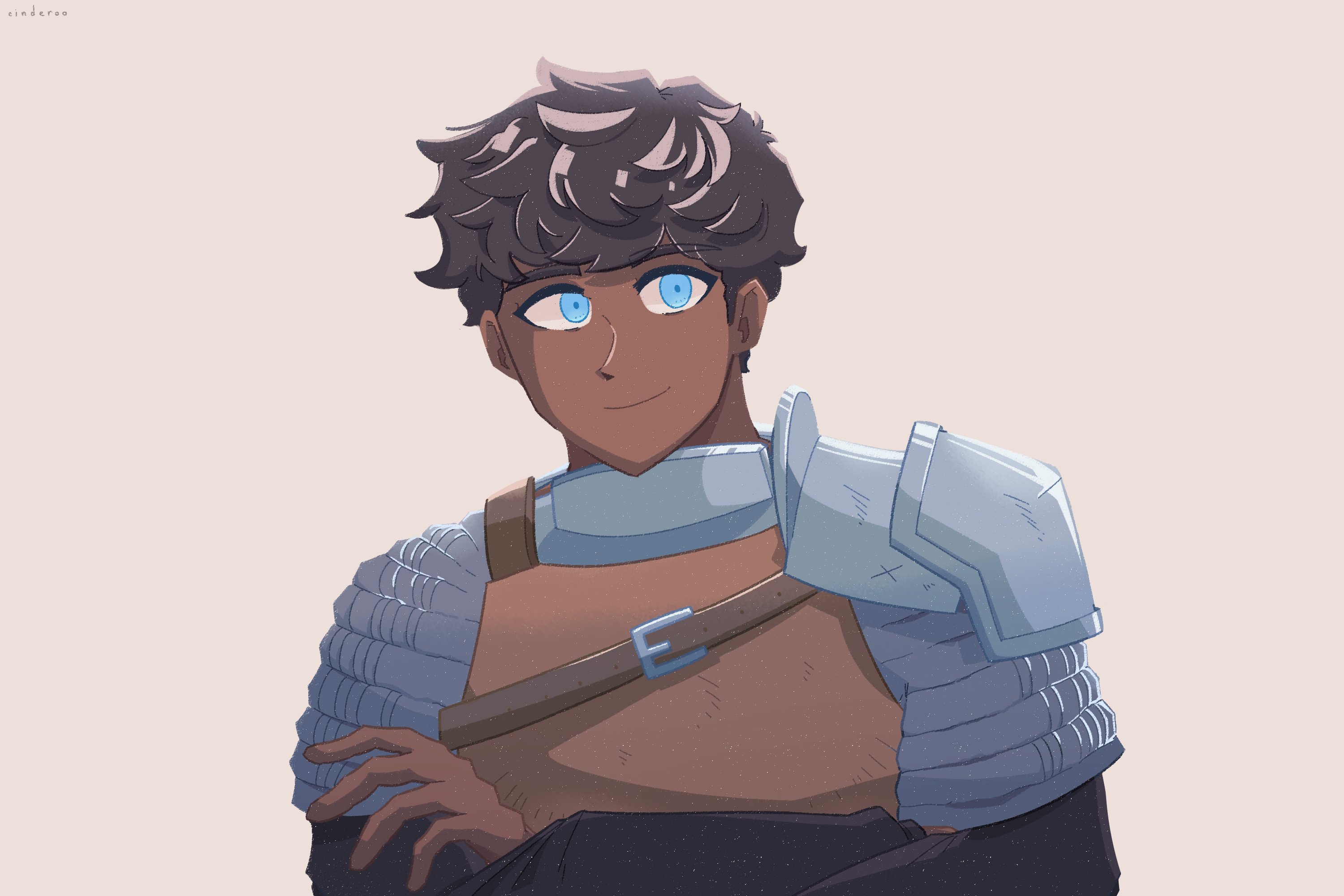 Safebooru - 1boy armor blue eyes cinderoo curly hair dark skin dungeon ...