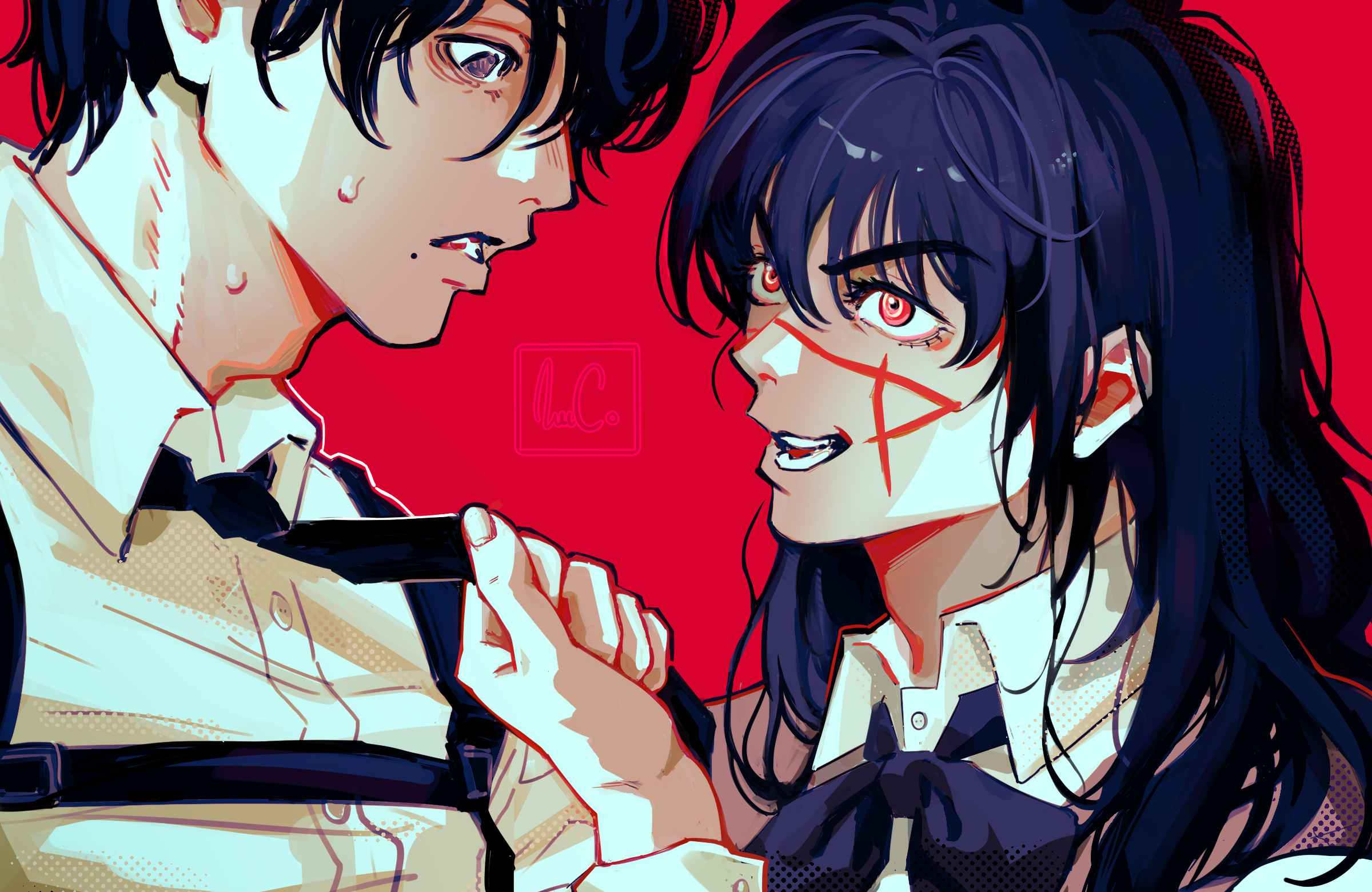 Safebooru - 1boy 1girl amachu a black eyes black hair black necktie chainsaw man commentary ...