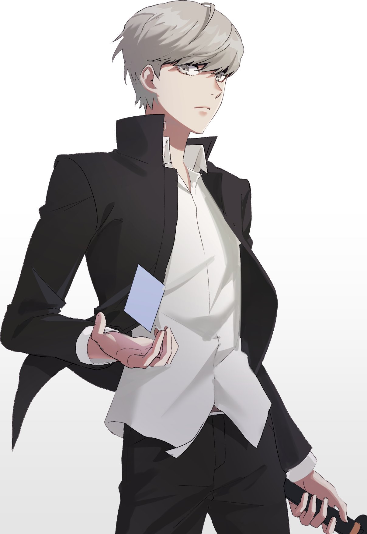 Safebooru - 1boy black jacket black pants collared shirt gradient background grey eyes grey hair ...