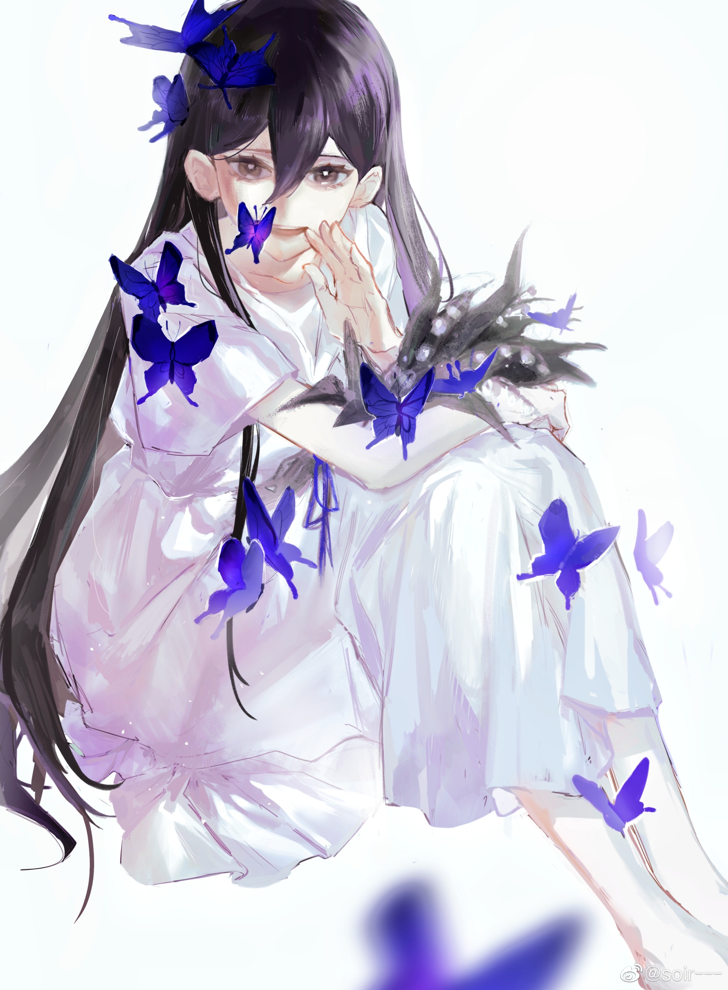 Safebooru - 1girl absurdres arm rest barefoot black eyes black hair blue butterfly bug butterfly ...