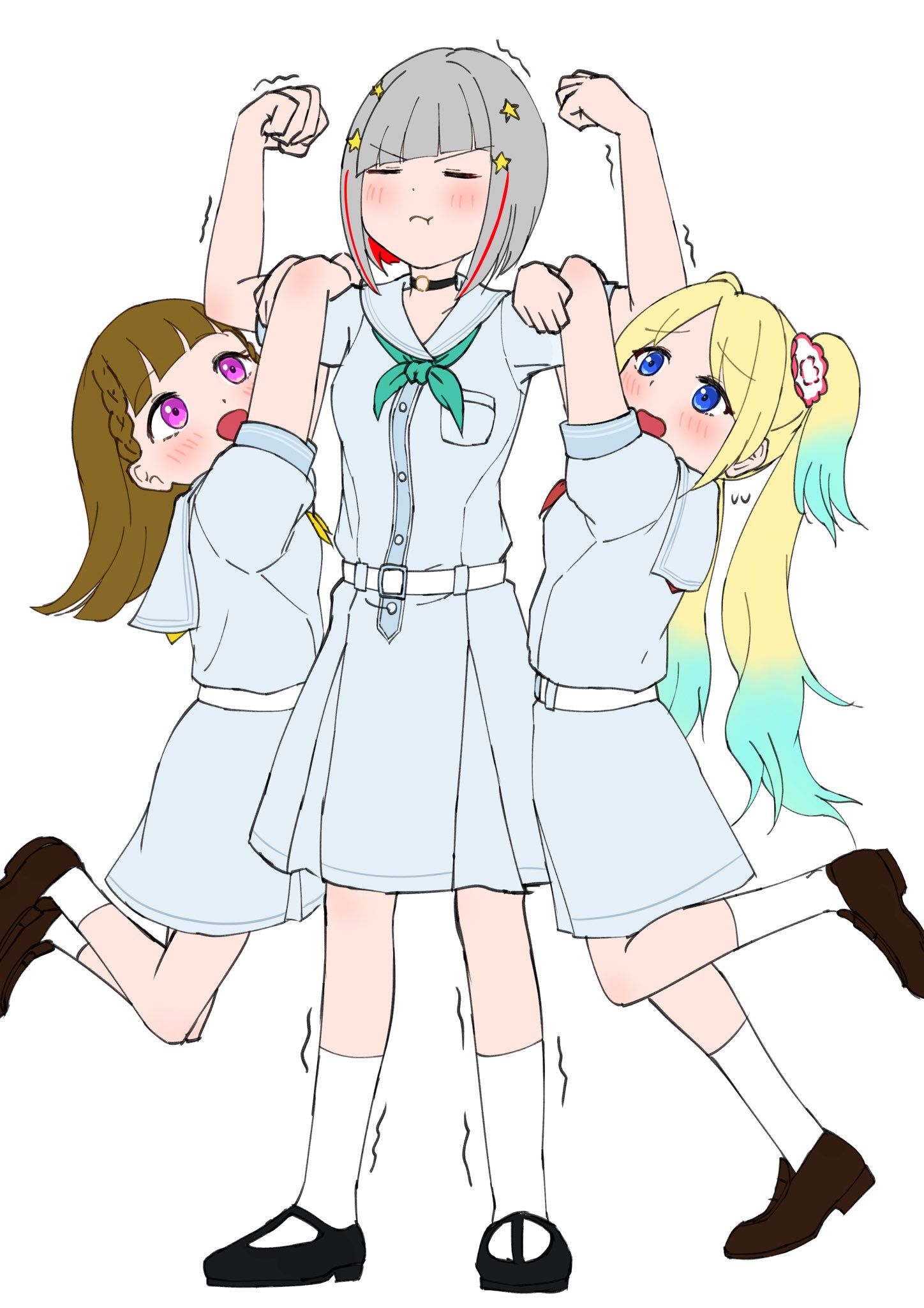 Safebooru - 3girls aqua neckerchief black choker black footwear blonde hair blue dress blue eyes ...