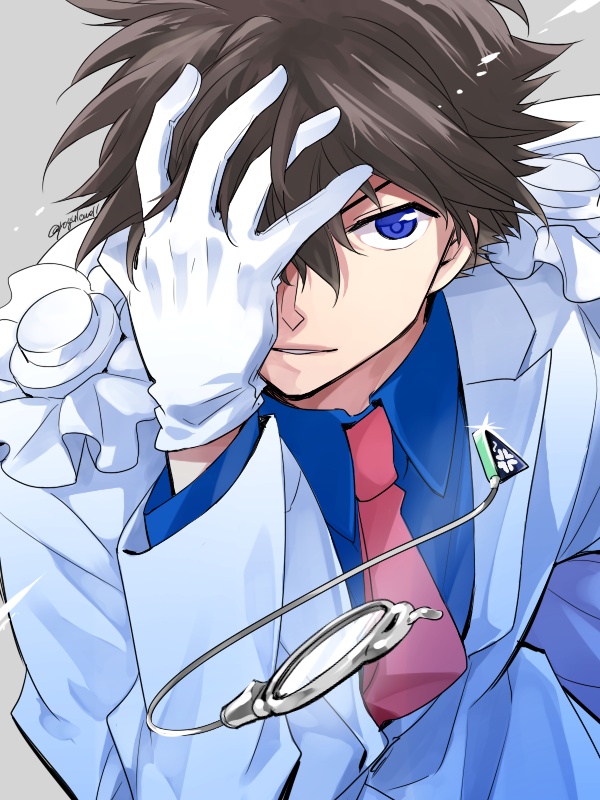 Safebooru - 1boy blue eyes blue shirt brown hair cape collared shirt formal gloves hair between ...