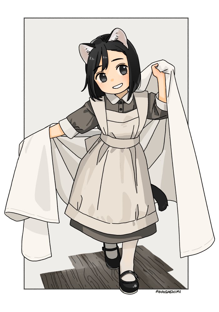 Safebooru - 1girl akai sashimi animal ears apron bed sheet black eyes black hair cat ears cat ...