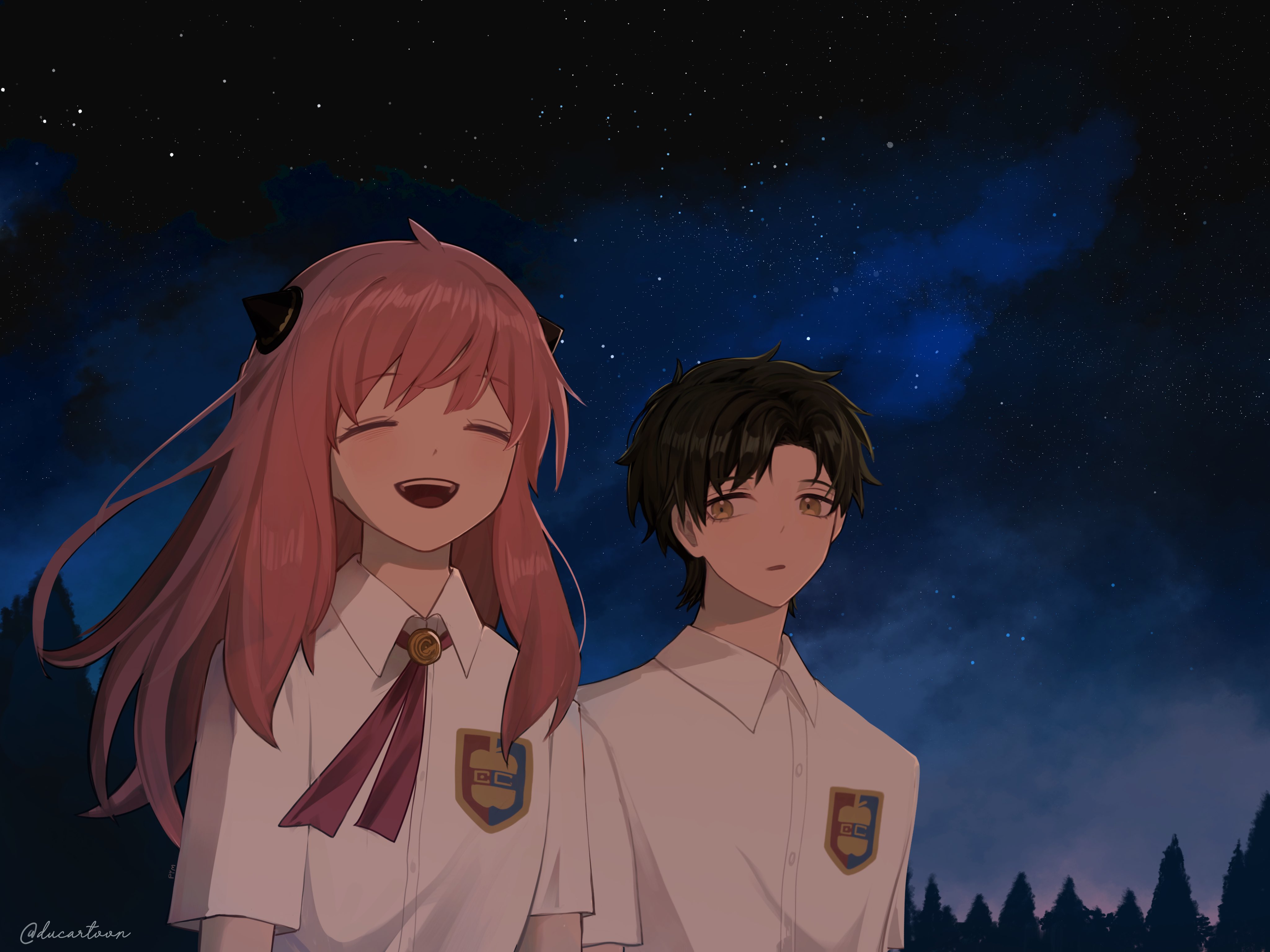 Safebooru - 1boy 1girl absurdres aged up anya (spy x family) black hair black pants black skirt ...