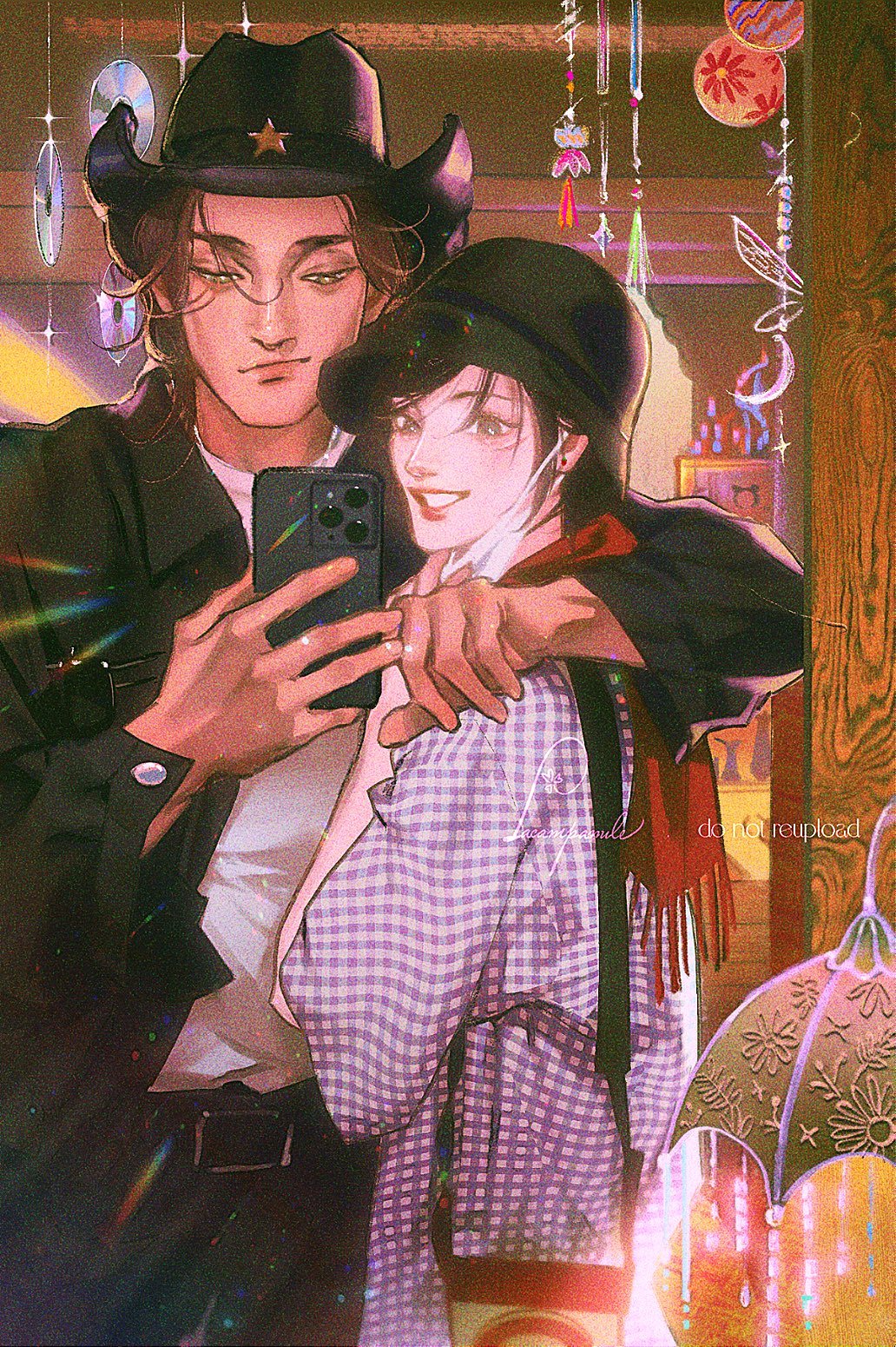 Safebooru - 1boy 1girl arm around shoulder artist name black hair black hat black jacket brown ...