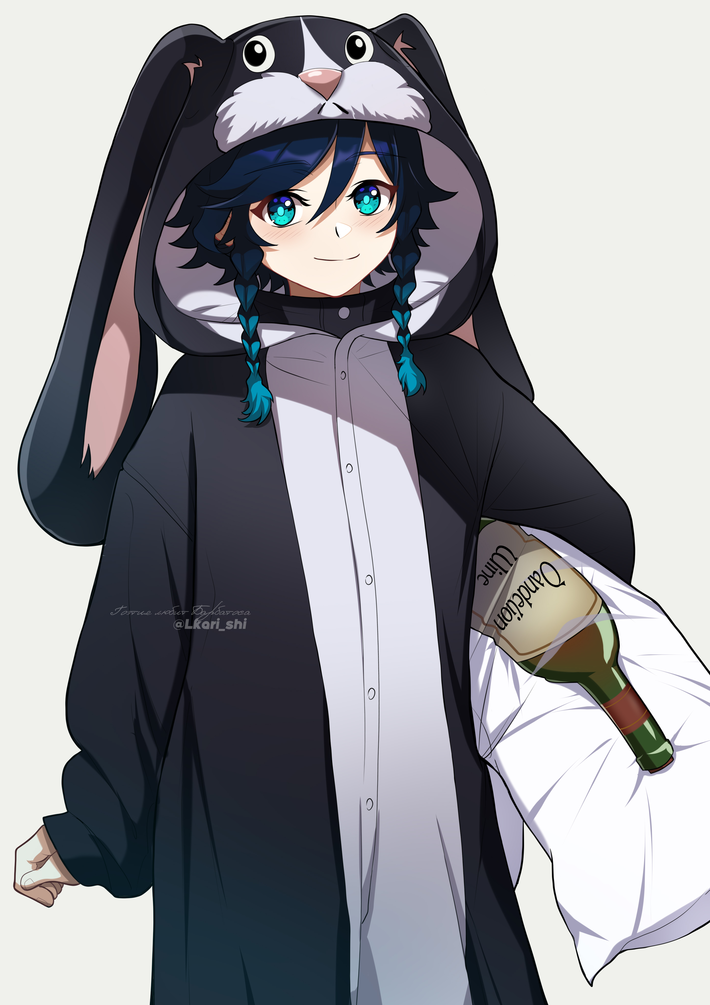 Safebooru - 1boy absurdres animal hood aqua eyes aqua hair black hair black hoodie blue hair ...