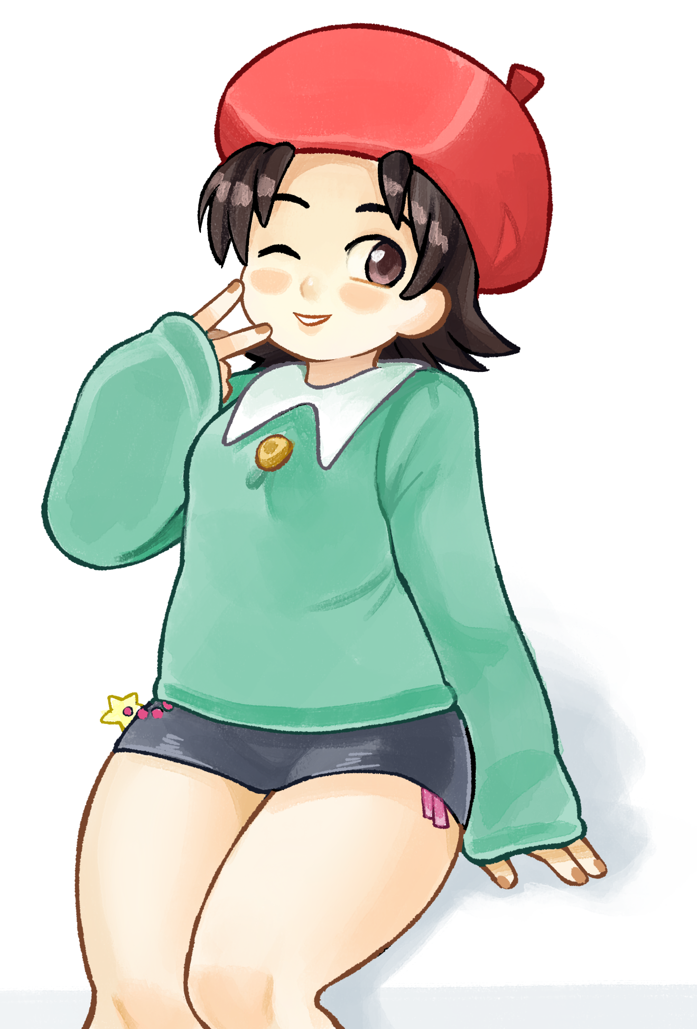 Safebooru - 1girl adeleine beret blush breasts brown hair drawfag green shirt grey skirt hat ...