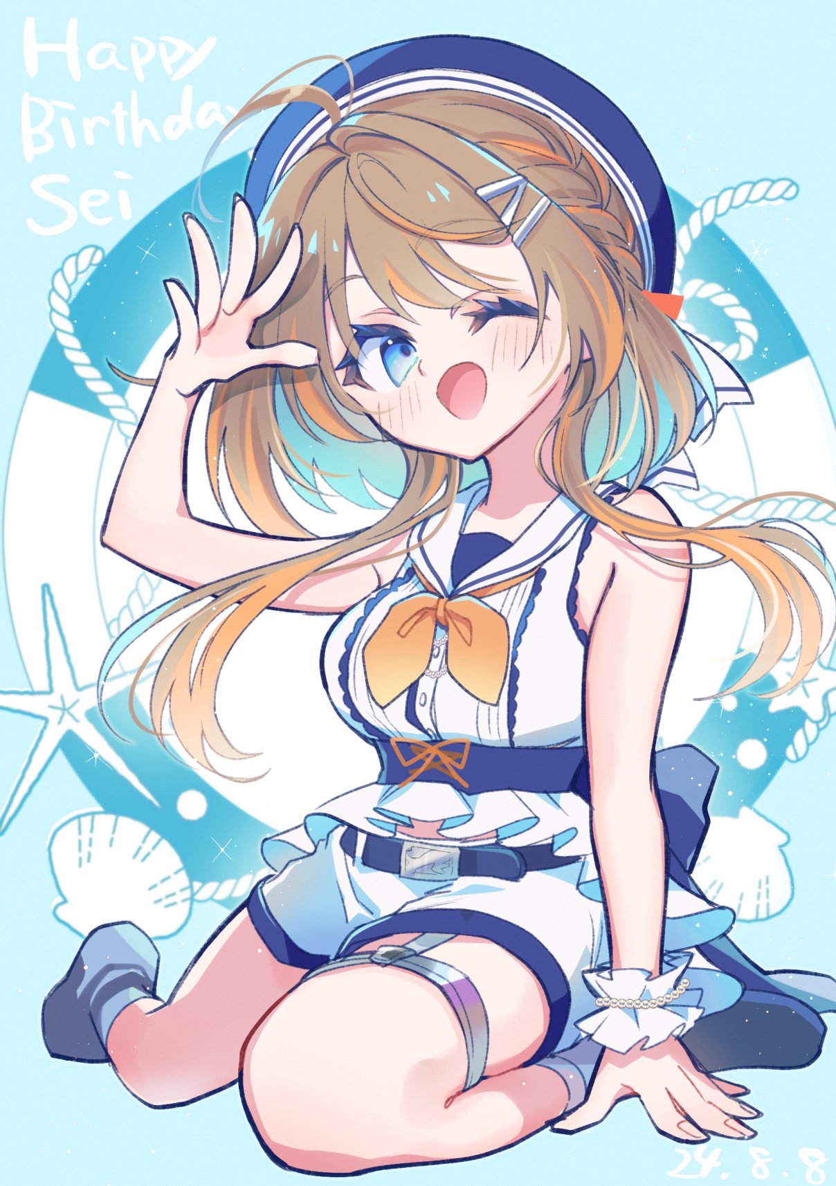 Safebooru - 1girl belt beret black belt blue background blue eyes blue hat blush bow bowtie ...