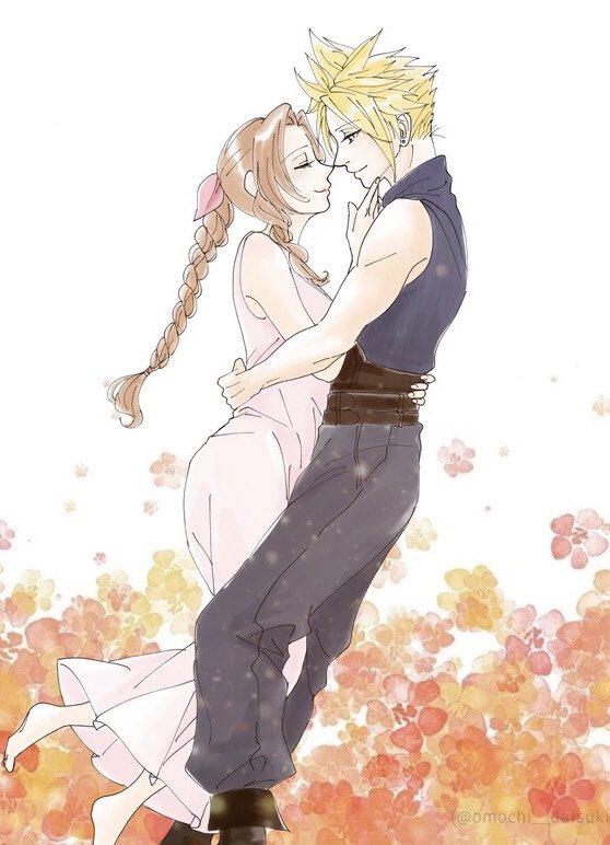 Safebooru - 1boy 1girl aerith gainsborough arms around waist bare shoulders barefoot belt blonde ...