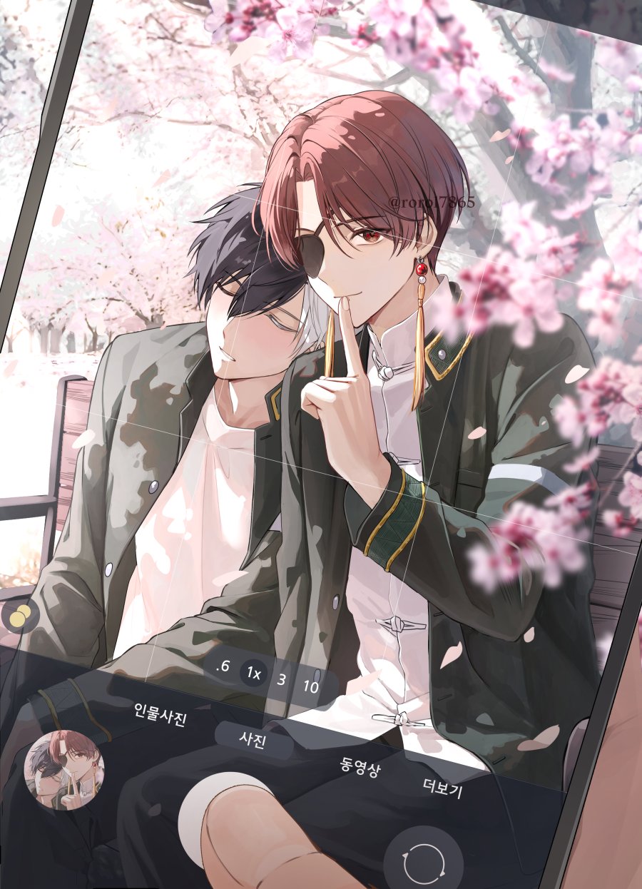 Safebooru - 2boys bench black hair brown hair camera phone cellphone ...