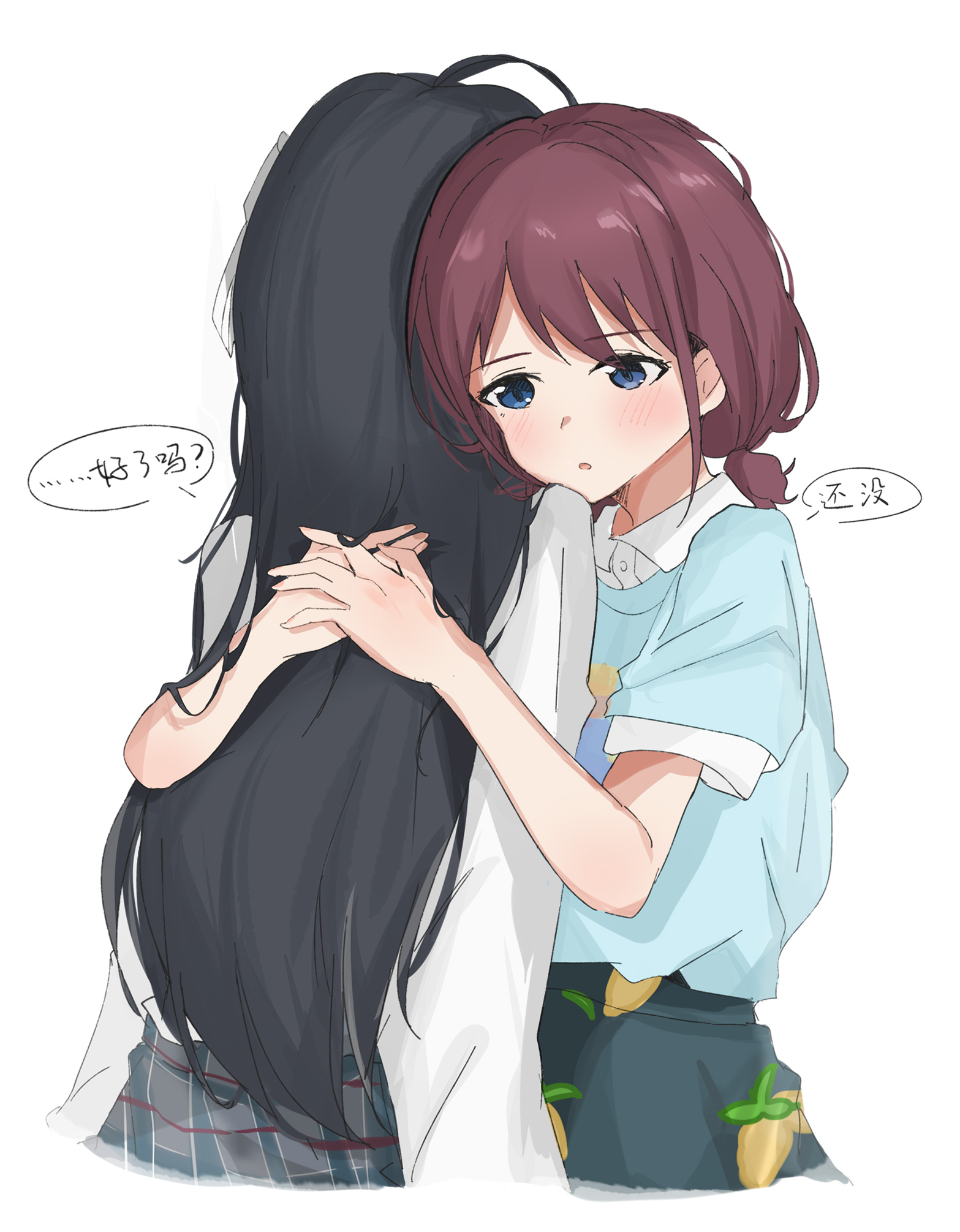 Safebooru - 2girls ahoge awa subaru black hair blue eyes blue shirt blush brown hair collared ...