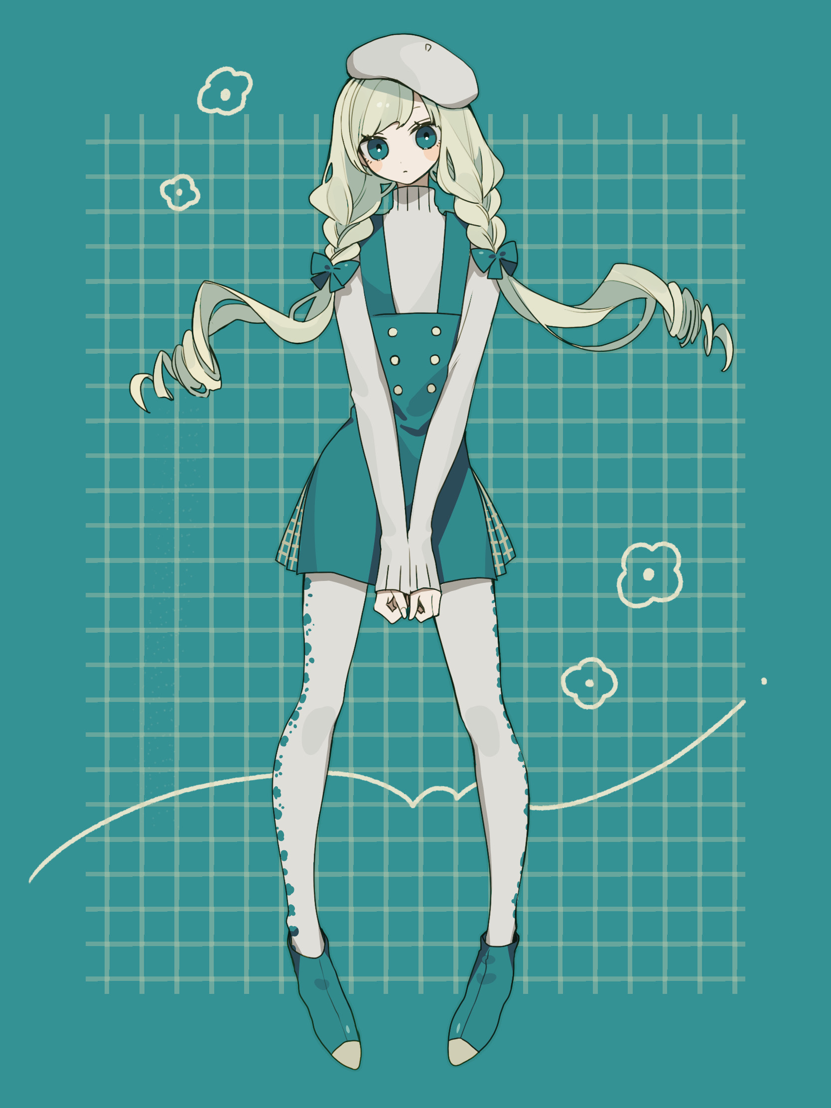 Safebooru - 1girl aqua theme beret blonde hair blue eyes bow braid dress full body grid ...
