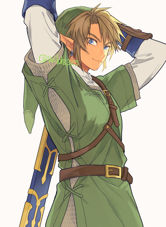 Safebooru - 1boy belt blonde hair blue eyes brown belt earrings green tunic hat jewelry link ...