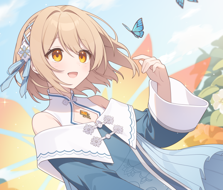 Safebooru - 1girl :d animal bare shoulders blue dress blue ribbon blue sky brown eyes brown hair ...