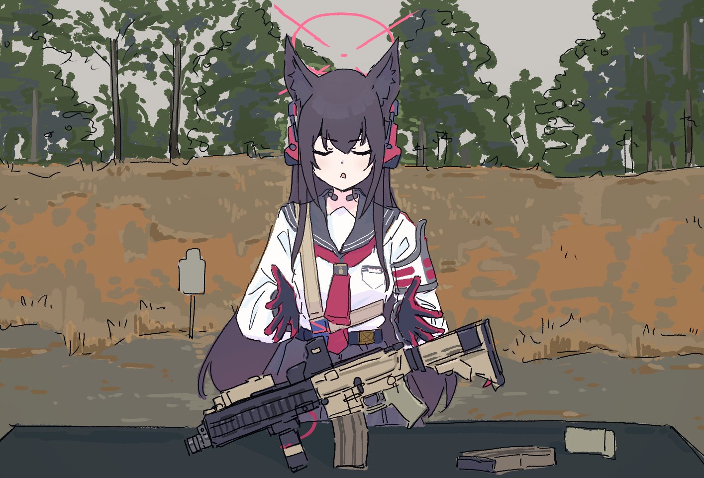 Safebooru - 1girl animal ear fluff animal ears assault rifle black hair black sailor collar ...