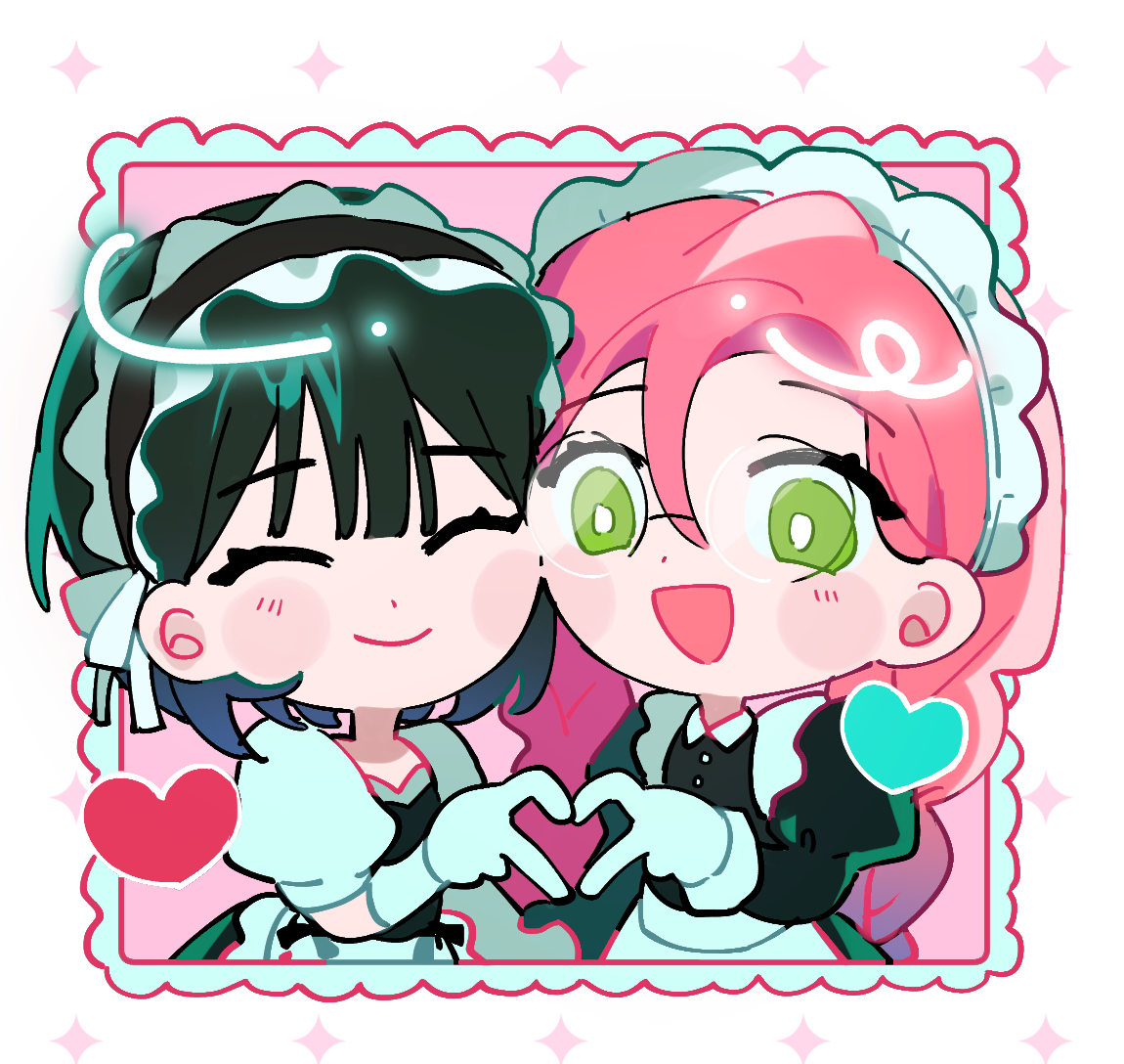 Safebooru - 2girls alien stage apron black hair braid closed eyes ...