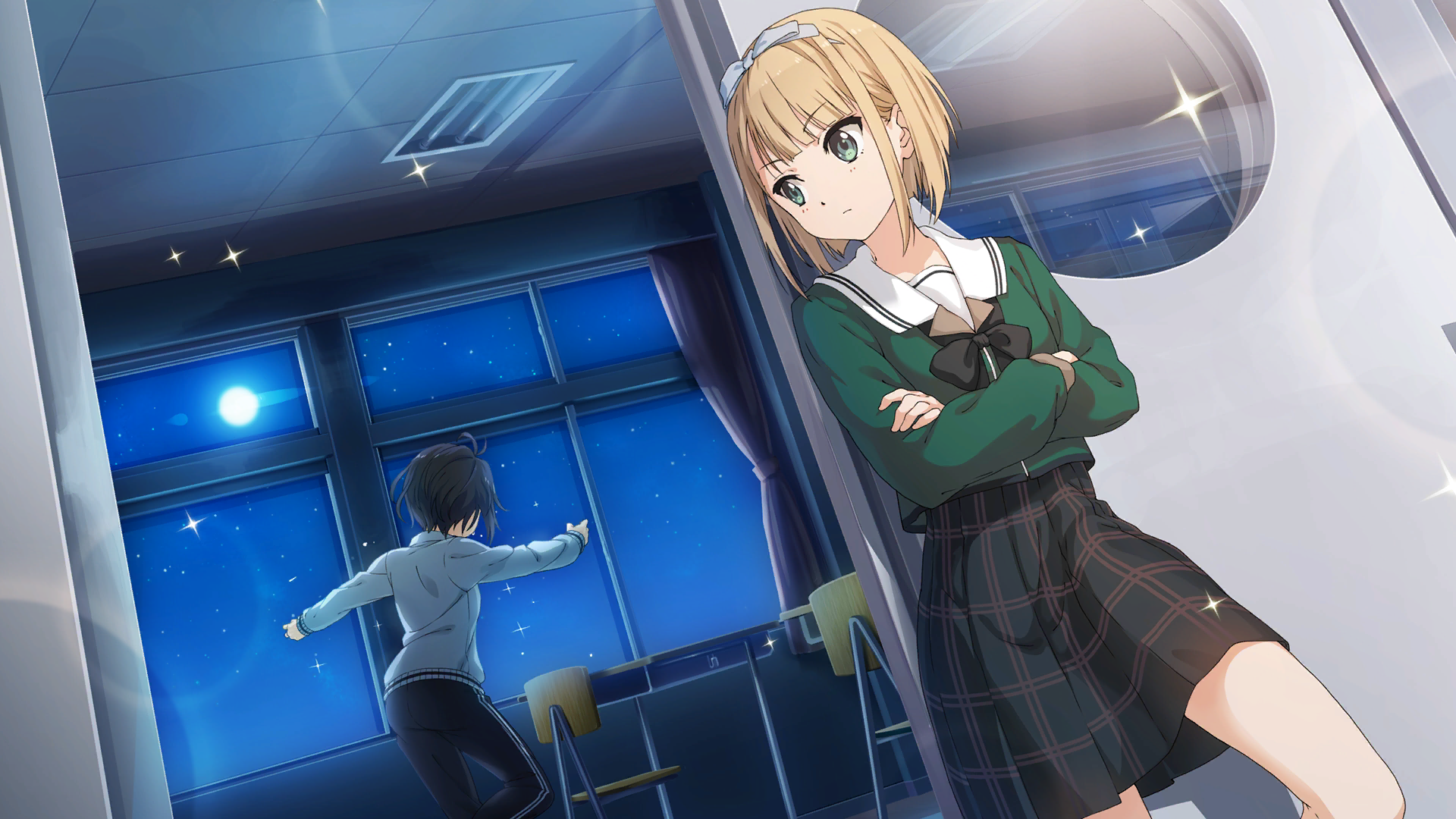 Safebooru - 22/7 22/7 ongaku no jikan 2girls black pants black skirt blonde hair blue hair blue ...