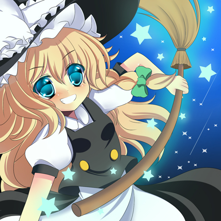 Safebooru - 1girl apron black hat black skirt black vest blonde hair blue background blue eyes ...