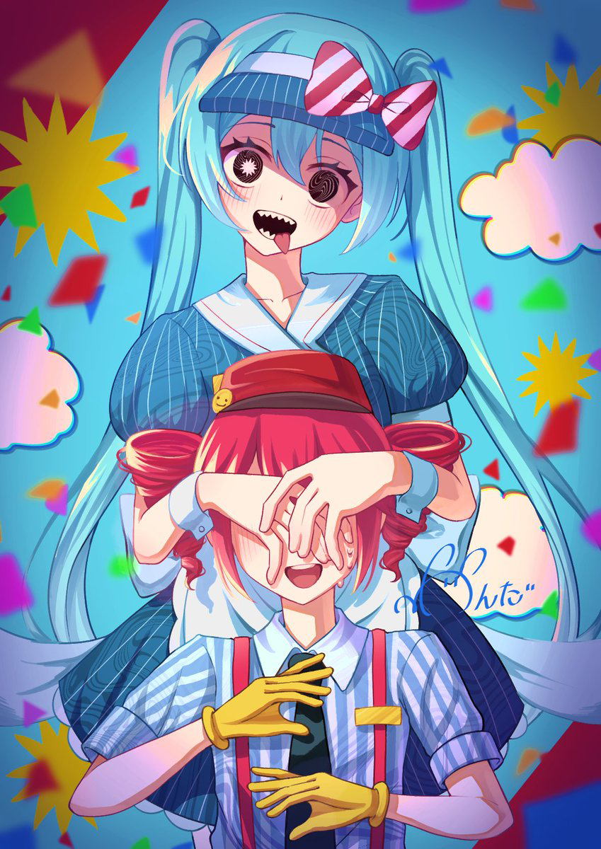 Safebooru - 2girls :d \||/ apron back bow black eyes black mouth black ...