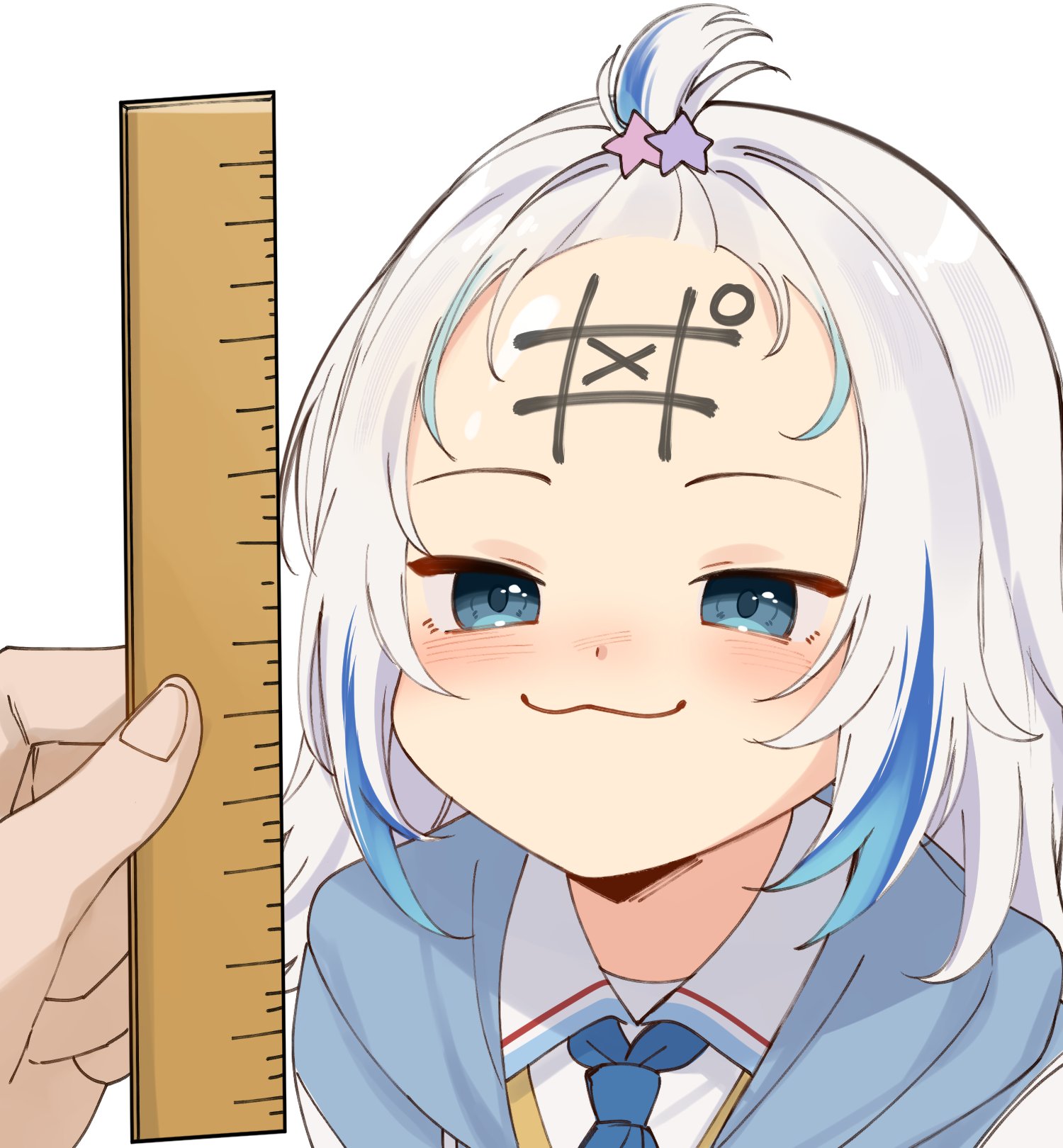 Safebooru - 1girl 1other :3 bangs pinned back blue eyes blue hair blue neckerchief blush ...