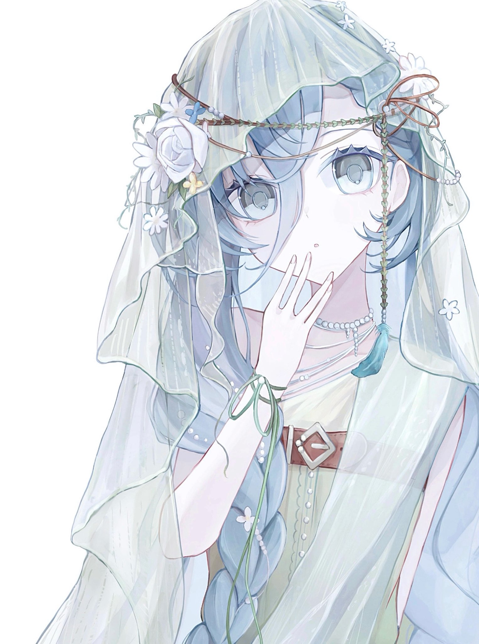 Safebooru - 1girl 37 (reverse:1999) :o blue eyes blue hair dress flower green dress green veil ...