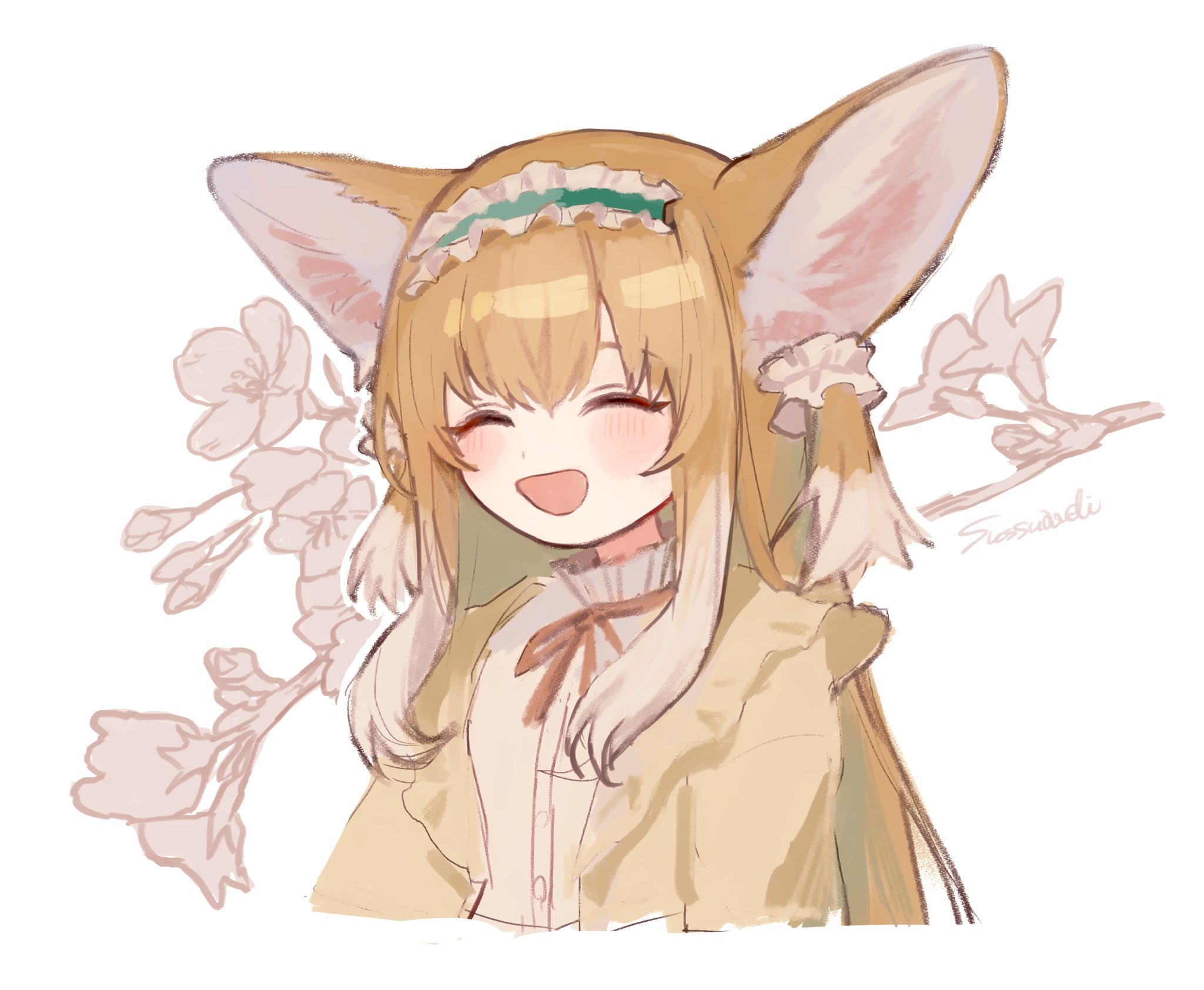 Safebooru - 1girl :d animal ears arknights blonde hair blush branch brown ribbon closed eyes ...