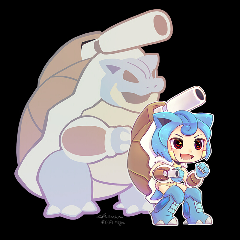 Safebooru - 1girl animal ears arm cannon black background blastoise blue footwear blue gloves ...