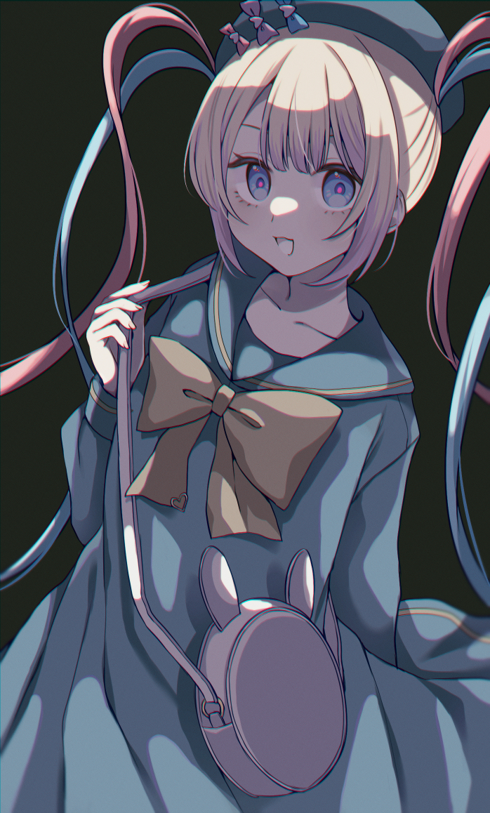 Safebooru - 1girl bag beret black background blonde hair blue bow blue dress blue eyes blue hair ...