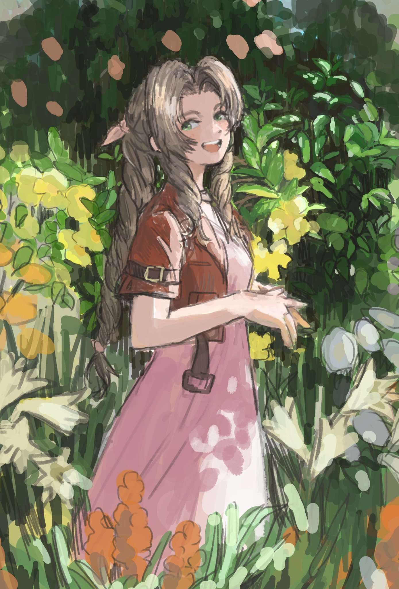 Safebooru - 1girl aerith gainsborough blue flower braid braided ...