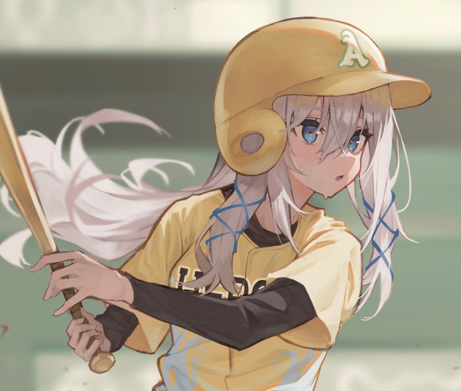 Safebooru - 1girl aqua eyes baseball bat baseball helmet baseball jersey blush floating hair ...