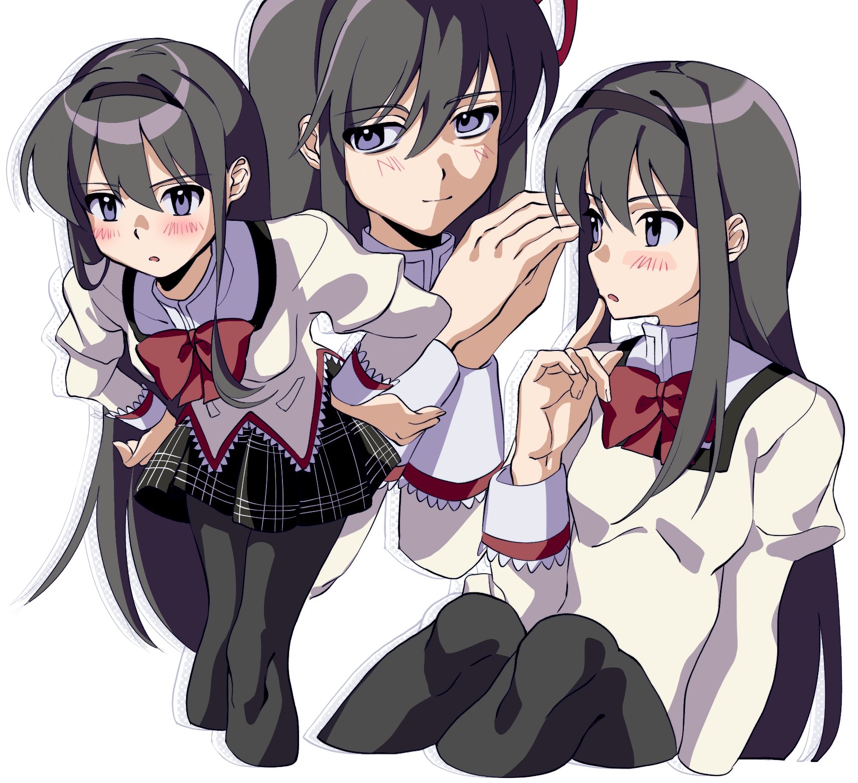 Safebooru - 1girl akemi homura black hair blush bow hairband highres kuro miumu leaning forward ...