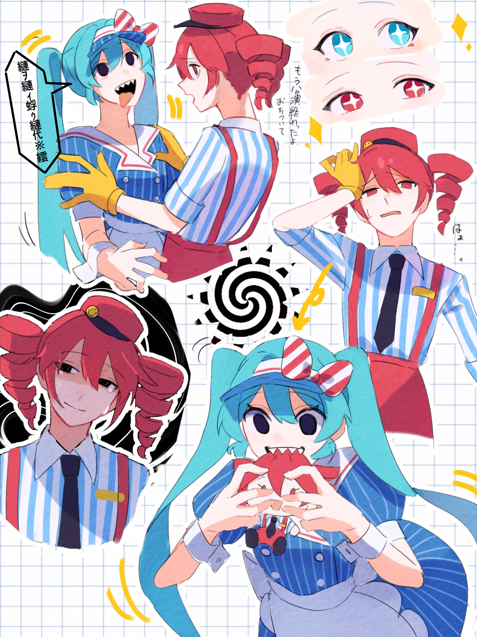 Safebooru - apron aqua eyes aqua hair arrow (symbol) biting black eyes black mouth blue ...