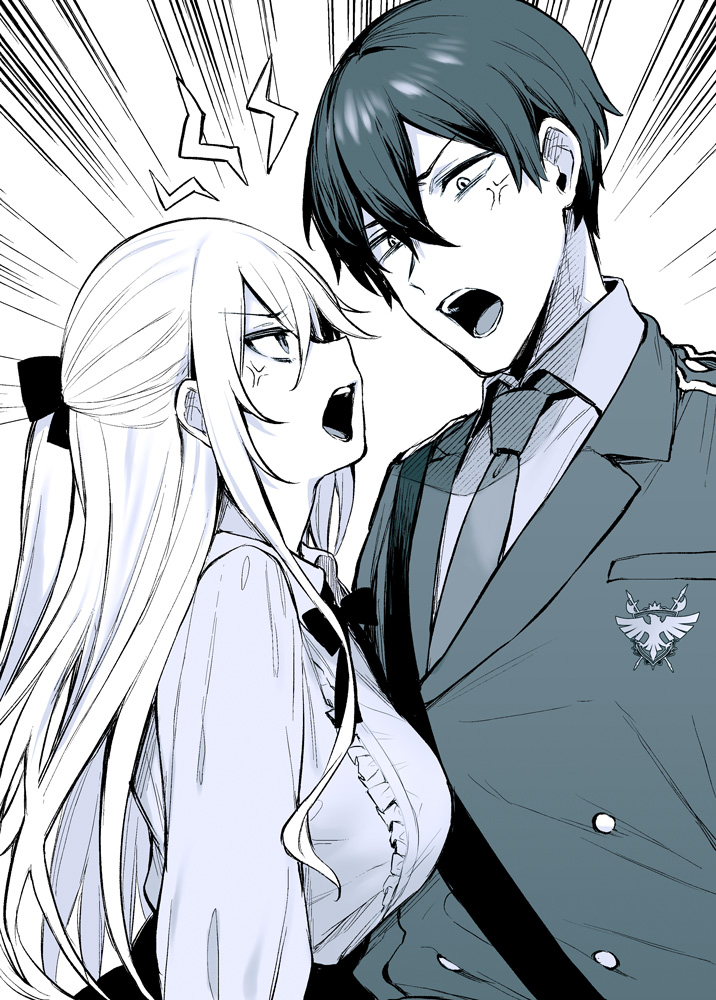 Safebooru - 1boy 1girl anger vein angry bow bowtie breasts buttons character request collared ...